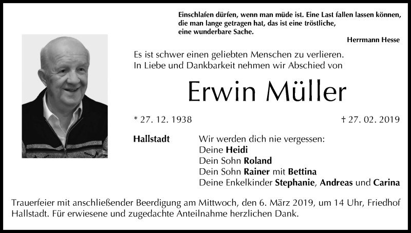 Erwin Müller | Traueranzeige | trauer.inFranken.de