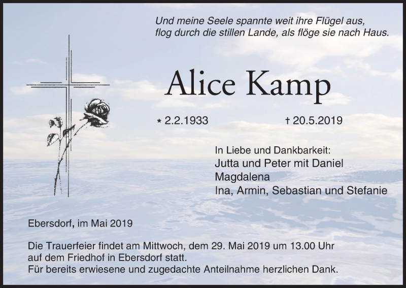 Alice Kamp | Traueranzeige | trauer.inFranken.de