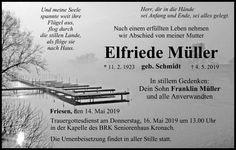 Elfriede Müller | Traueranzeige | trauer.inFranken.de