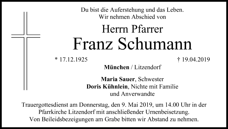 Franz Schumann | Traueranzeige | trauer.inFranken.de