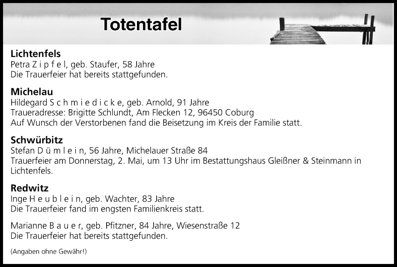 Totentafel vom 30.04.2019 | Traueranzeige | trauer.inFranken.de Totentafel vom 30.04.2019 | Traueranzeige | trauer.inFranken.de