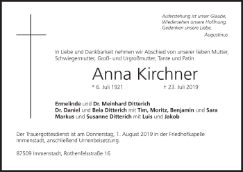Anna Kirchner | Traueranzeige | trauer.inFranken.de