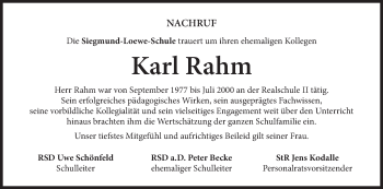 Karl Rahm | Traueranzeige | trauer.inFranken.de
