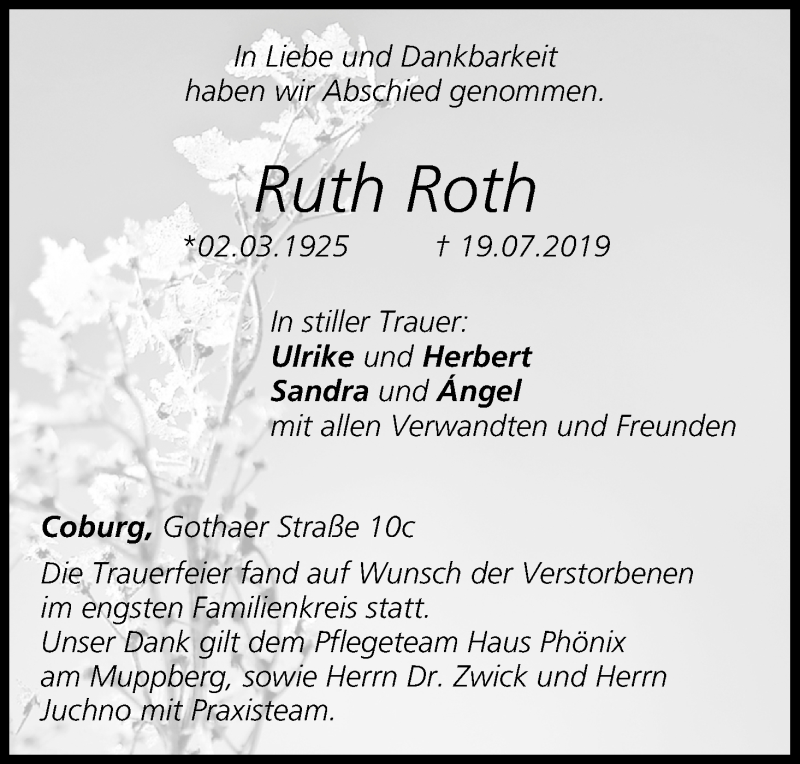 Ruth Roth | Traueranzeige | trauer.inFranken.de