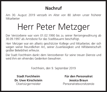 Peter Metzger | Traueranzeige | trauer.inFranken.de