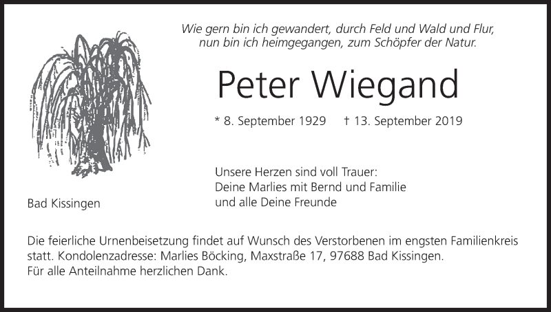 Peter Wiegand | Traueranzeige | trauer.inFranken.de