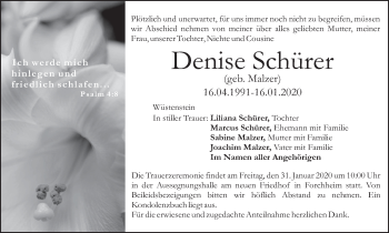 Denise Schürer | Traueranzeige | trauer.inFranken.de
