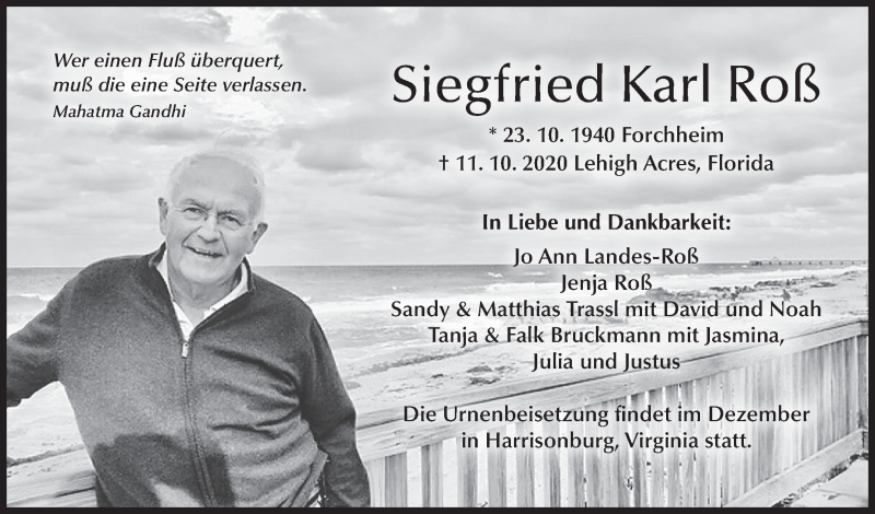 Siegfried Karl Roß | Traueranzeige | trauer.inFranken.de