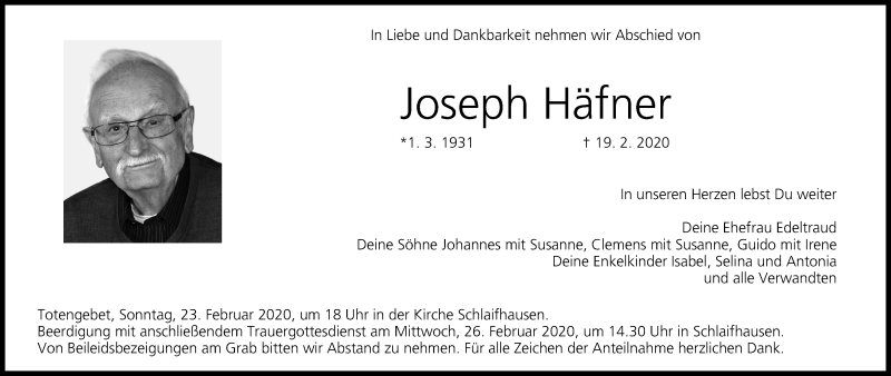 Joseph Häfner | Traueranzeige | trauer.inFranken.de