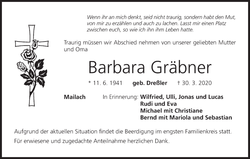 Barbara Gräbner | Traueranzeige | trauer.inFranken.de