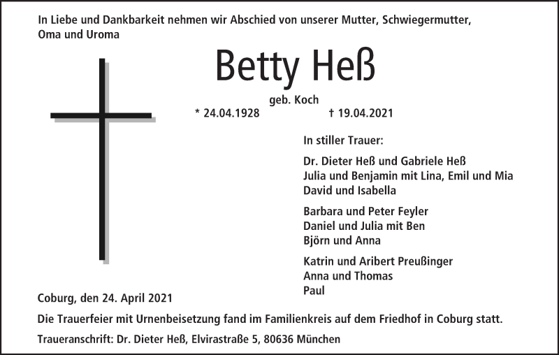 Betty Heß | Traueranzeige | trauer.inFranken.de