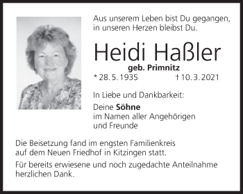 Heidi Haßler | Traueranzeige | trauer.inFranken.de