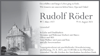 Rudolf Röder | Traueranzeige | trauer.inFranken.de
