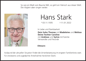 Hans Stark | Traueranzeige | trauer.inFranken.de