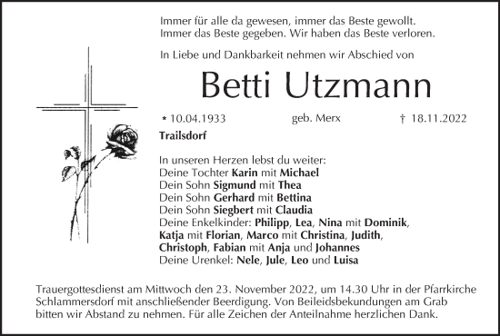 Betti Utzmann | Traueranzeige | trauer.inFranken.de