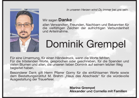 Dominik Grempel | Traueranzeige | trauer.inFranken.de