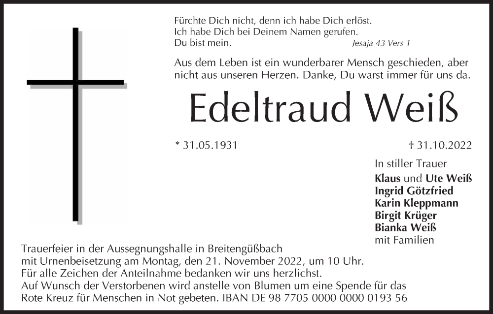Edeltraud Weiß | Traueranzeige | trauer.inFranken.de