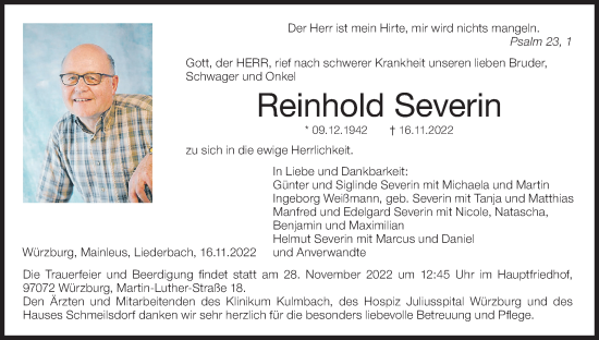 Reinhold Severin | Traueranzeige | trauer.inFranken.de