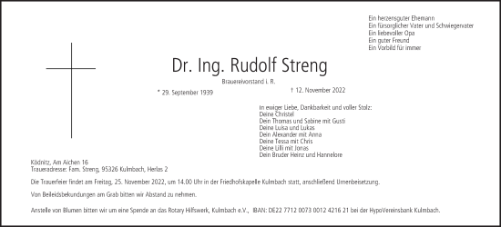 Rudolf Streng | Traueranzeige | trauer.inFranken.de