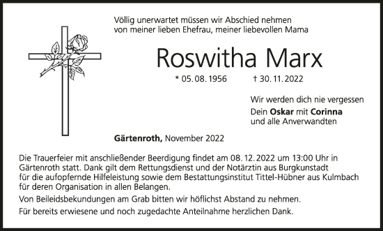 Roswitha Marx | Traueranzeige | trauer.inFranken.de