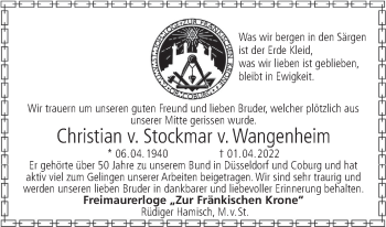 Christian v. Stockmar v. Wangenheim | Traueranzeige | trauer.inFranken.de