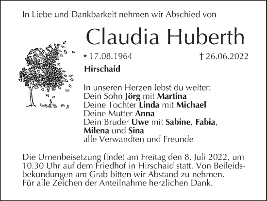 Claudia Huberth | Traueranzeige | trauer.inFranken.de