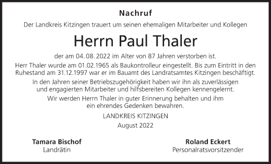 Paul Thaler | Traueranzeige | trauer.inFranken.de