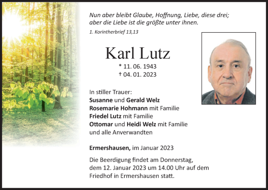 Karl Lutz | Traueranzeige | trauer.inFranken.de