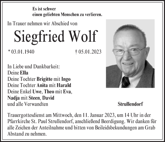 Siegfried Wolf | Traueranzeige | trauer.inFranken.de