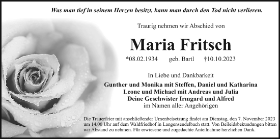 Maria Fritsch | Traueranzeige | trauer.inFranken.de