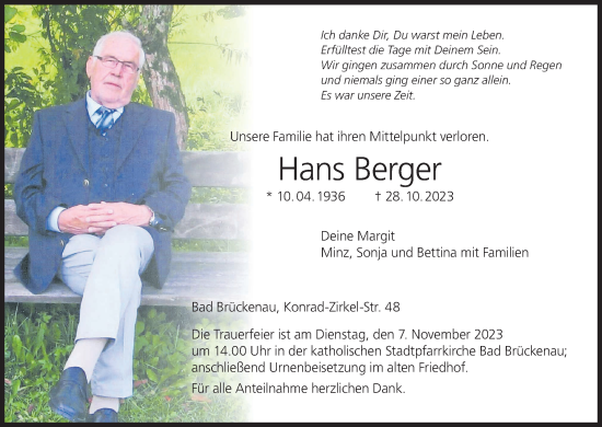 Hans Berger | Traueranzeige | trauer.inFranken.de