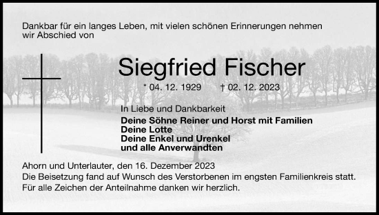 Siegfried Fischer | Traueranzeige | trauer.inFranken.de