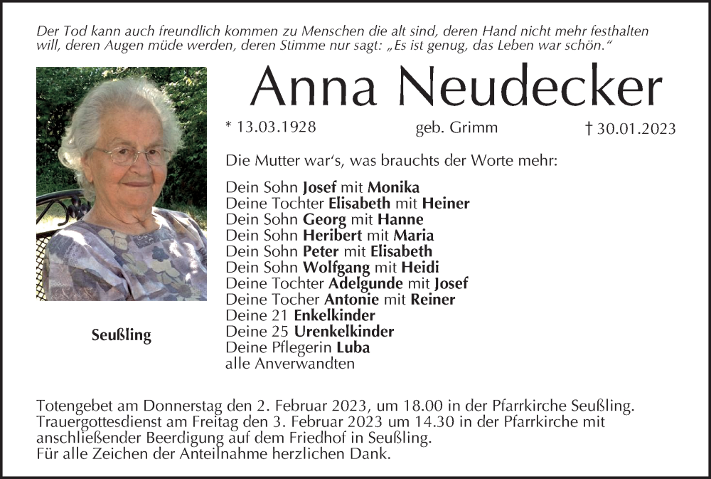 Anna Neudecker | Traueranzeige | trauer.inFranken.de