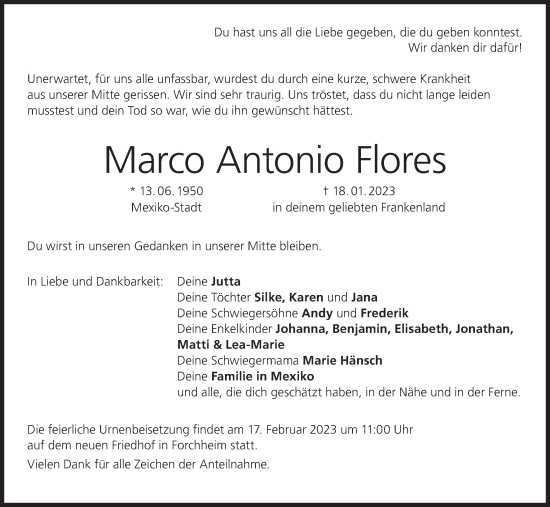 Marco Antonio Flores | Traueranzeige | trauer.inFranken.de