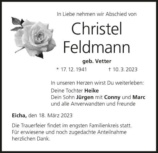 Christel Feldmann | Traueranzeige | trauer.inFranken.de