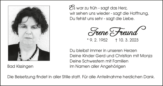 Irene Freund | Traueranzeige | trauer.inFranken.de