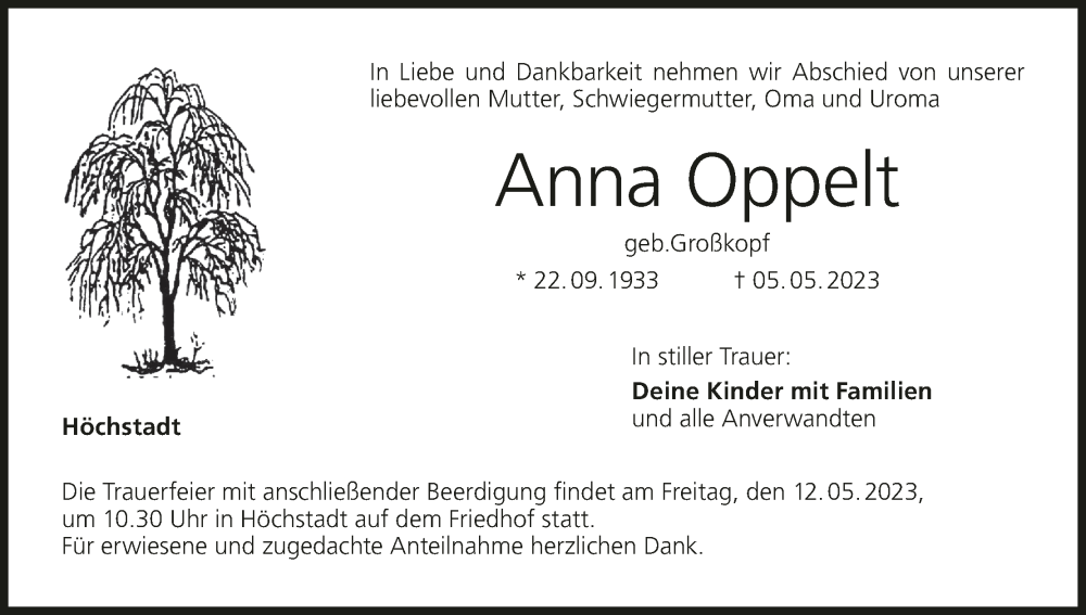 Anna Oppelt | Traueranzeige | trauer.inFranken.de