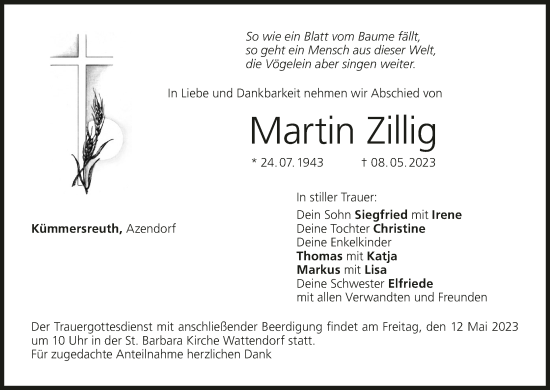 Martin Zillig | Traueranzeige | trauer.inFranken.de
