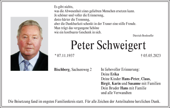 Peter Schweigert | Traueranzeige | trauer.inFranken.de