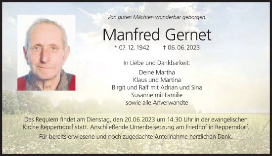 Manfred Gernet | Traueranzeige | trauer.inFranken.de