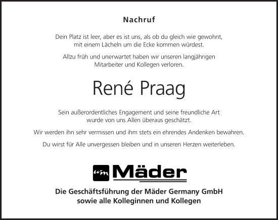 René Praag | Traueranzeige | trauer.inFranken.de
