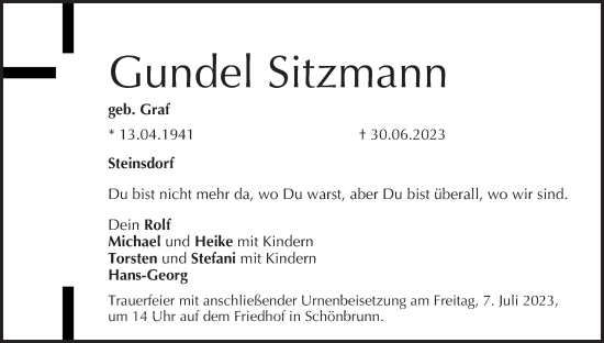 Gundel Sitzmann | Traueranzeige | trauer.inFranken.de