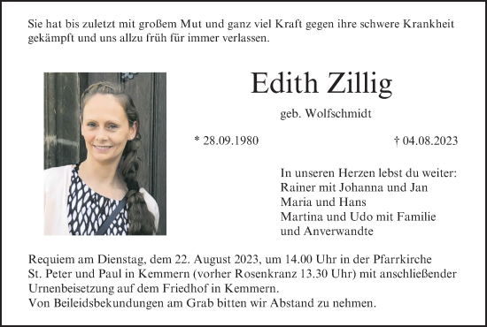 Edith Zillig | Traueranzeige | trauer.inFranken.de