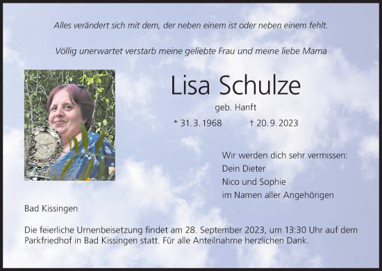 Lisa Schulze | Traueranzeige | trauer.inFranken.de