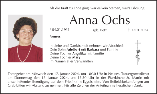 Anna Ochs | Traueranzeige | trauer.inFranken.de