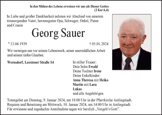 Georg Sauer | Traueranzeige | trauer.inFranken.de