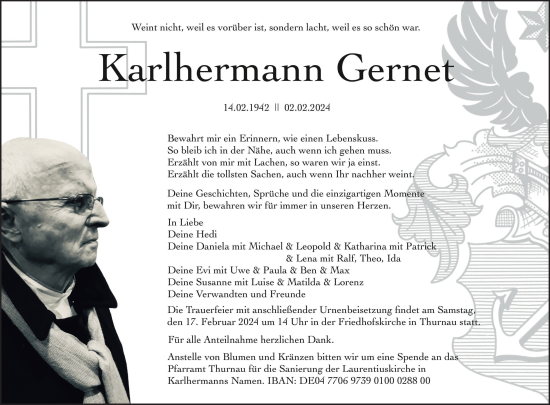 Karlhermann Gernet | Traueranzeige | trauer.inFranken.de
