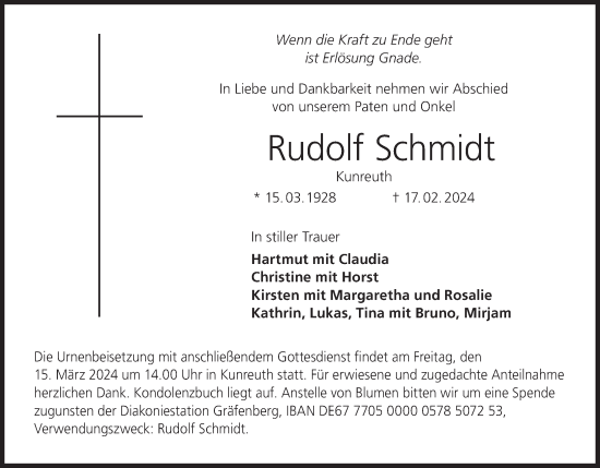 Rudolf Schmidt | Traueranzeige | trauer.inFranken.de