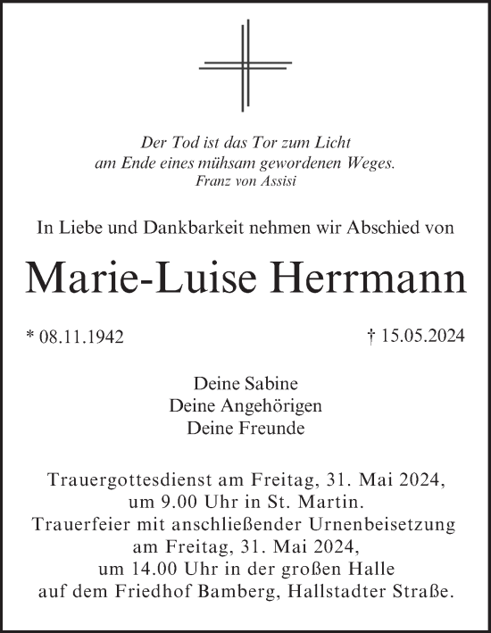 Marie-Luise Herrmann | Traueranzeige | trauer.inFranken.de