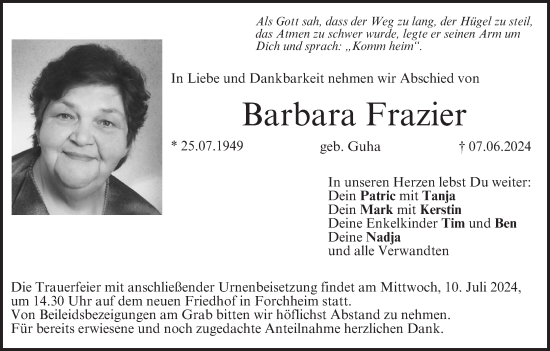 Barbara Frazier | Traueranzeige | trauer.inFranken.de